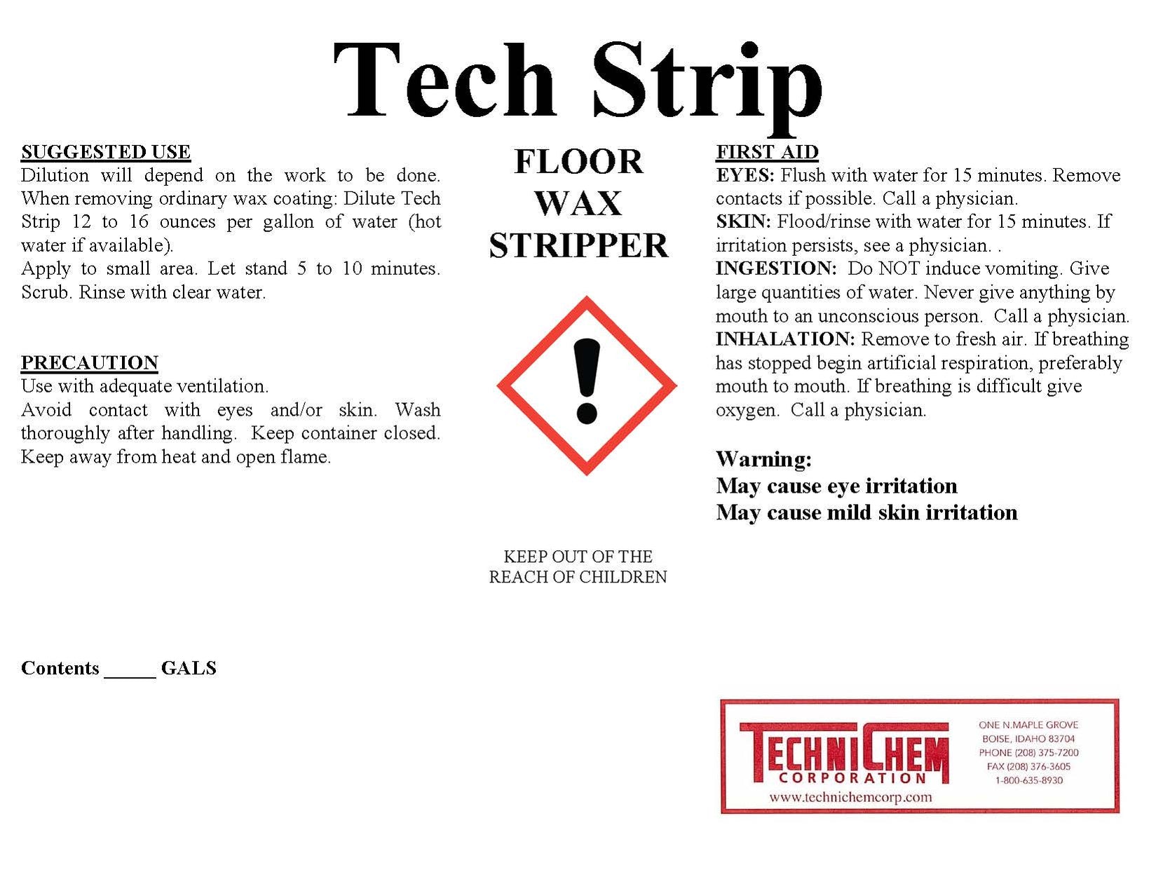TECH STRIP, Floor Wax Stripper — TECHNICHEM
