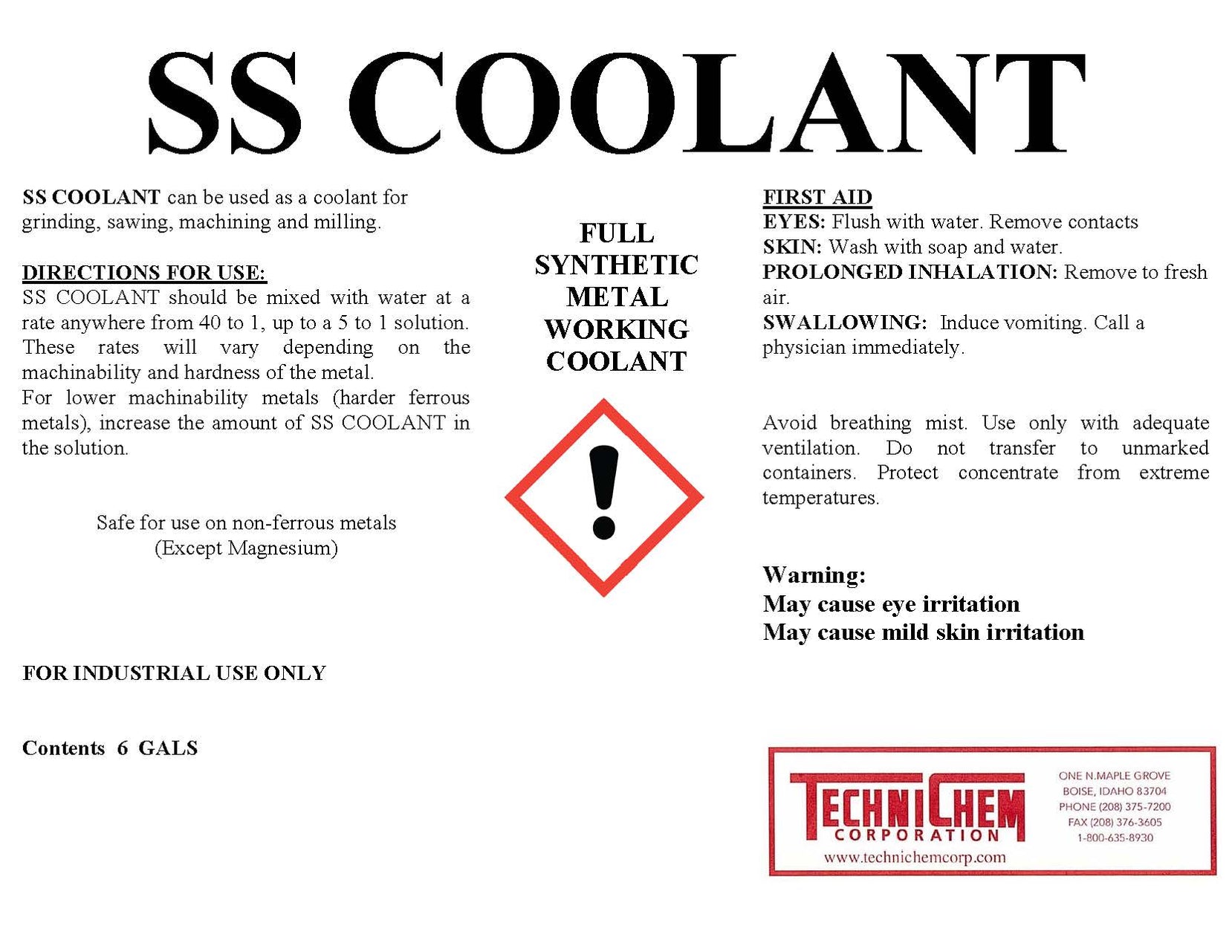 SS COOLANT, Grinding Coolant — TECHNICHEM