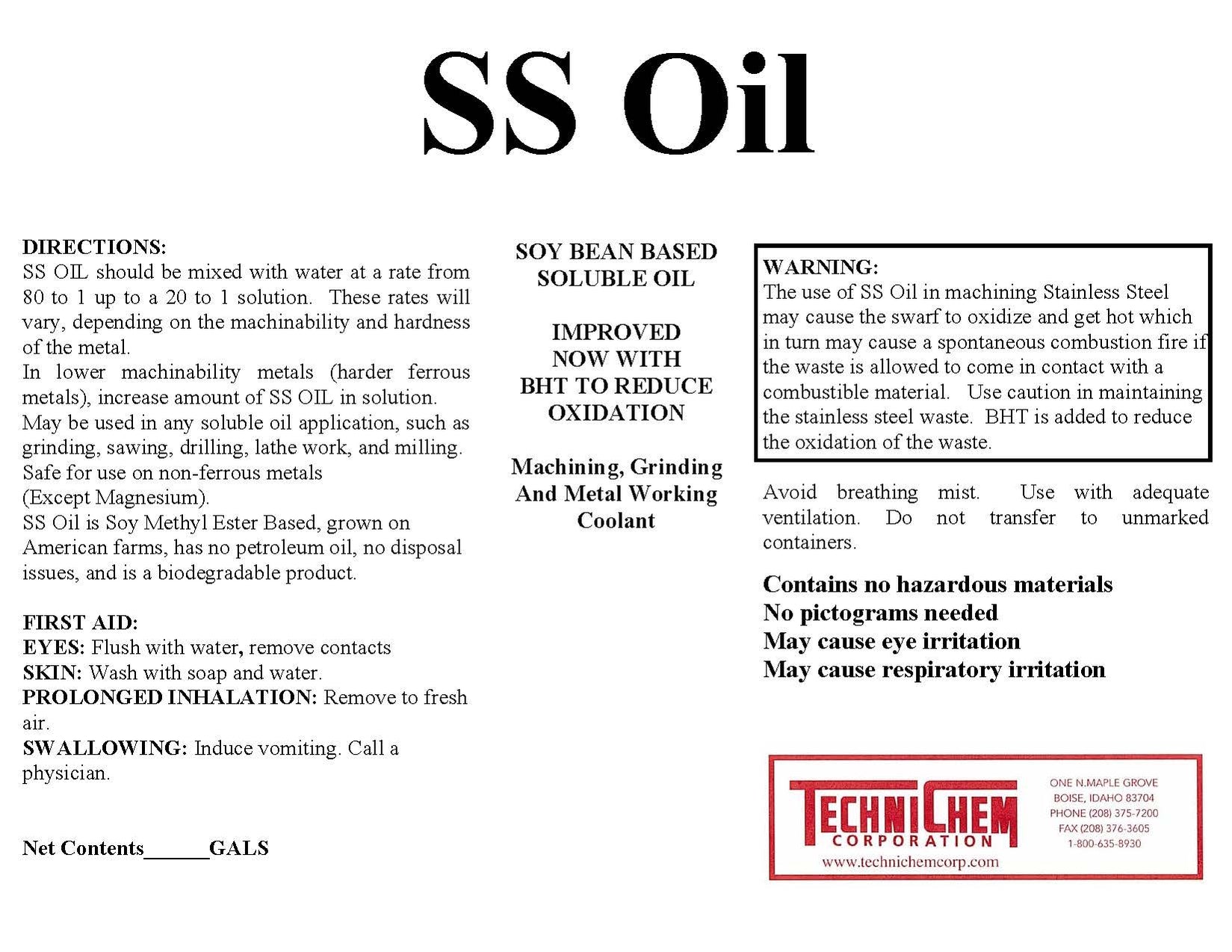 SS OIL, refrigerante de rectificado — TECHNICHEM